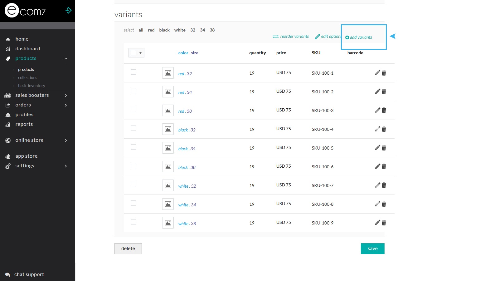Product details and variants - ecomz